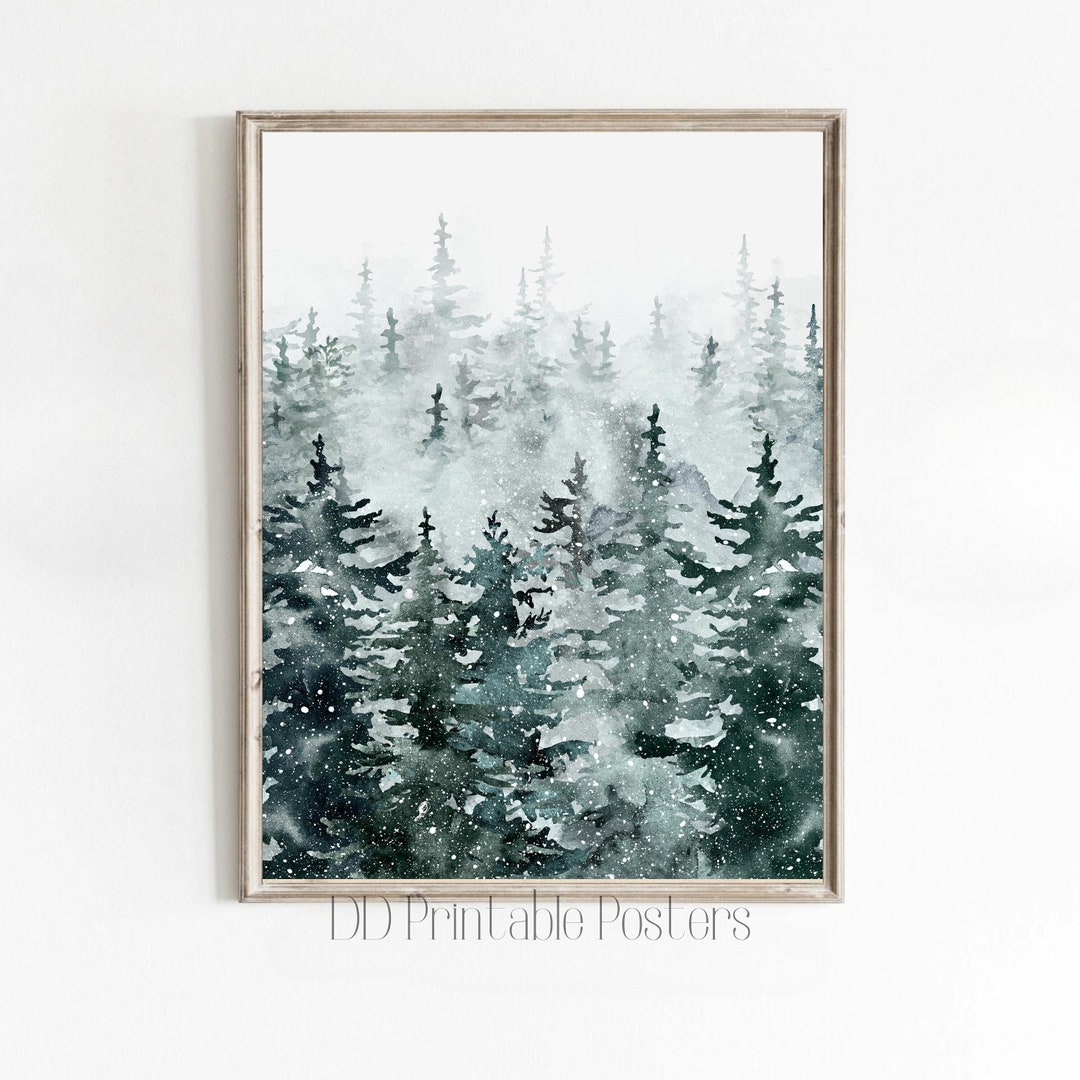 Winter Forest Print, Snowy Winter Trees Print, Green Landscape Print ...