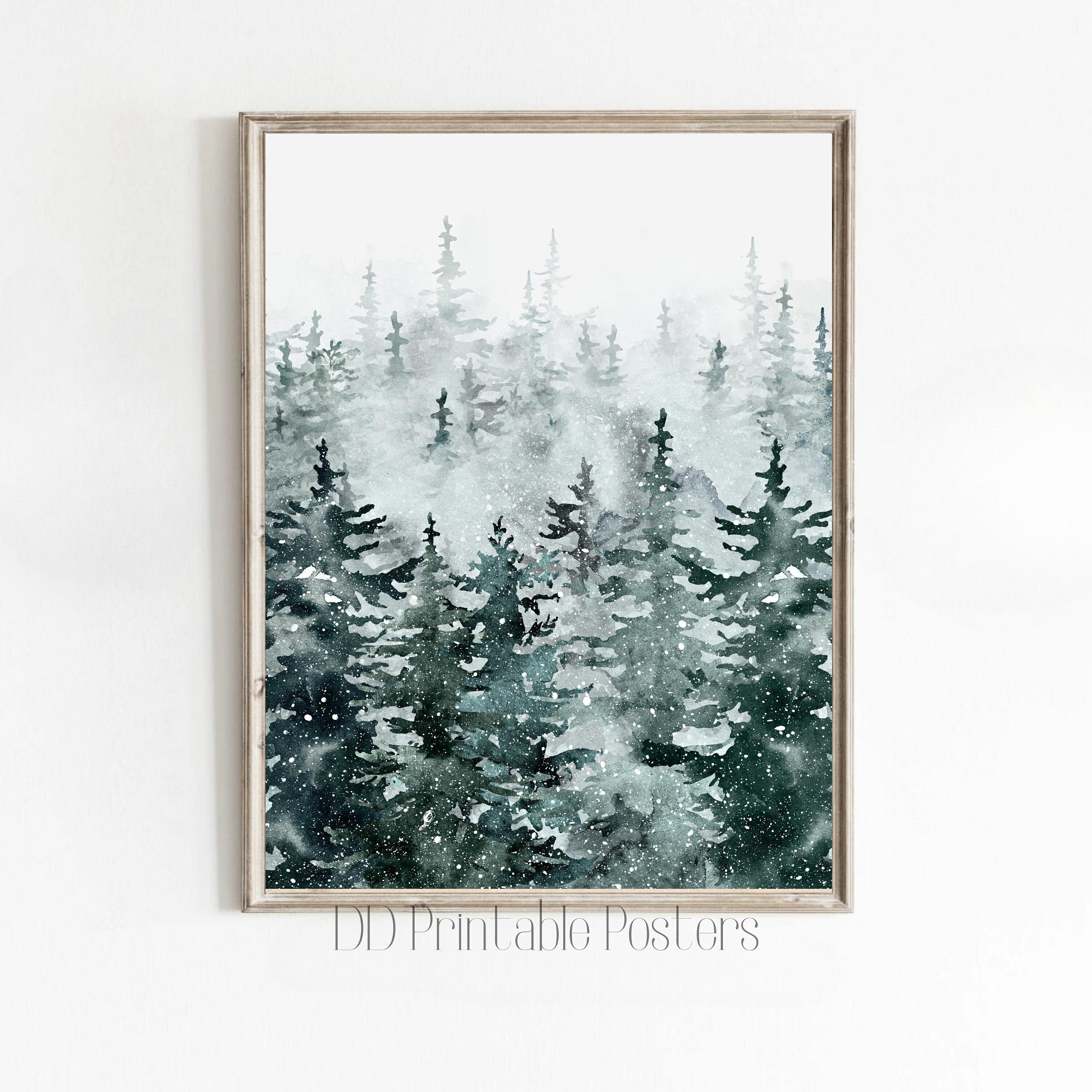 Winter Forest Print, Snowy Winter Trees Print, Green Landscape Print ...