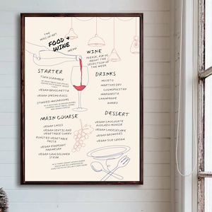 Large Size Hand Drawn Food Drink Print, Wine Food Kitchen Decor, Modern ...