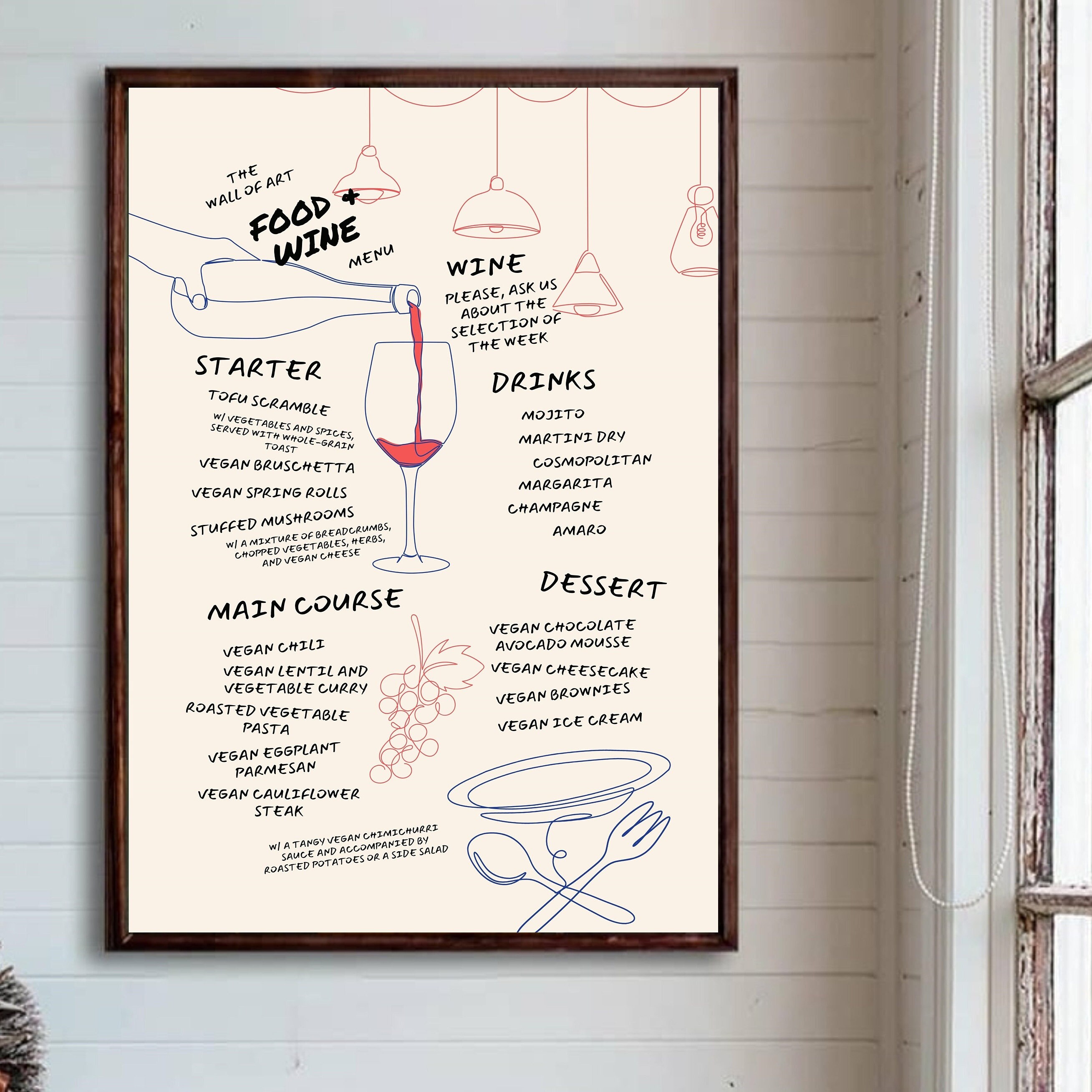 Large Size Hand Drawn Food Drink Print, Wine Food Kitchen Decor, Modern ...