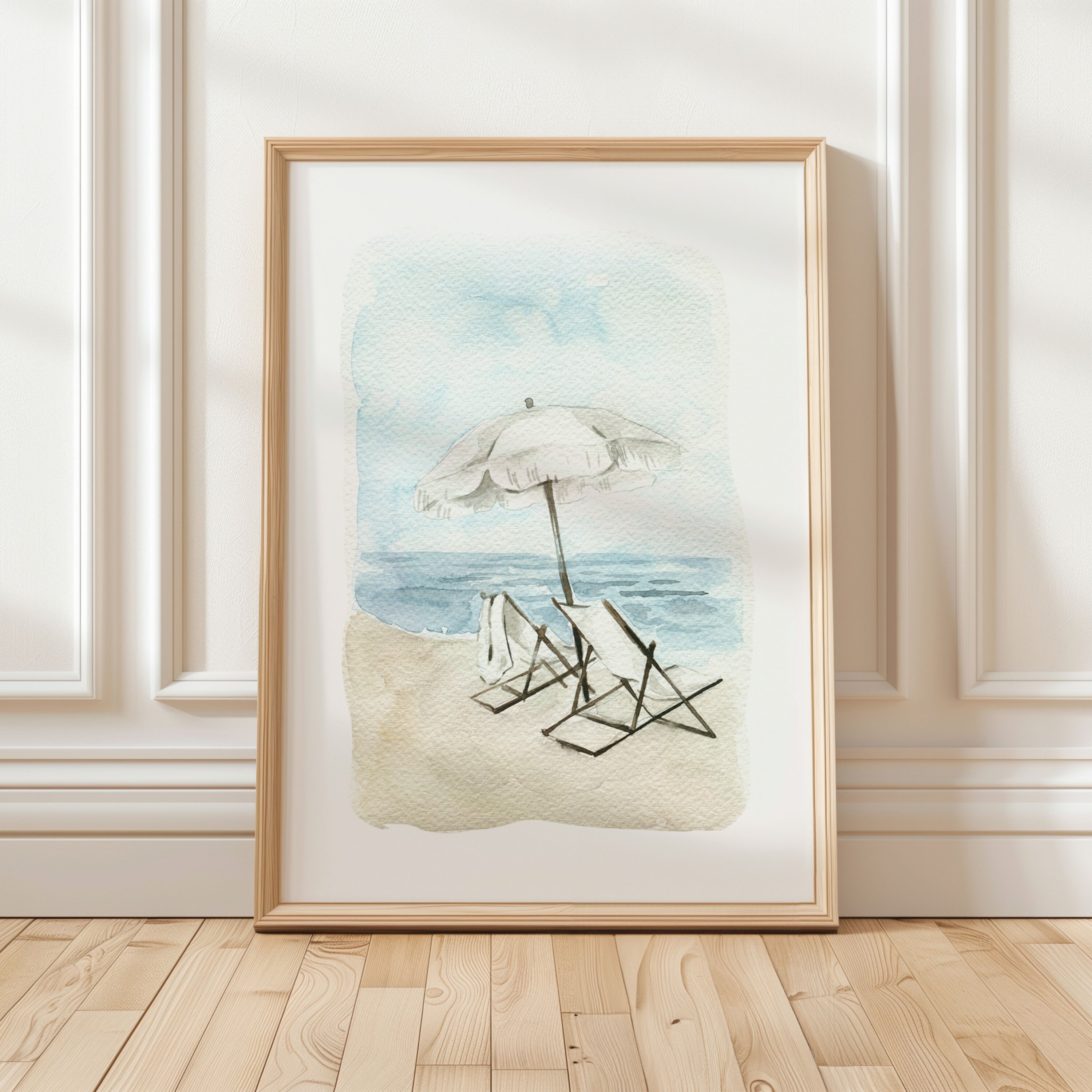 Sea Landscape Watercolor Print, Beach Painting, Beach Lounger Print ...