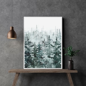 Winter Forest Print, Snowy Winter Trees Print, Green Landscape Print ...