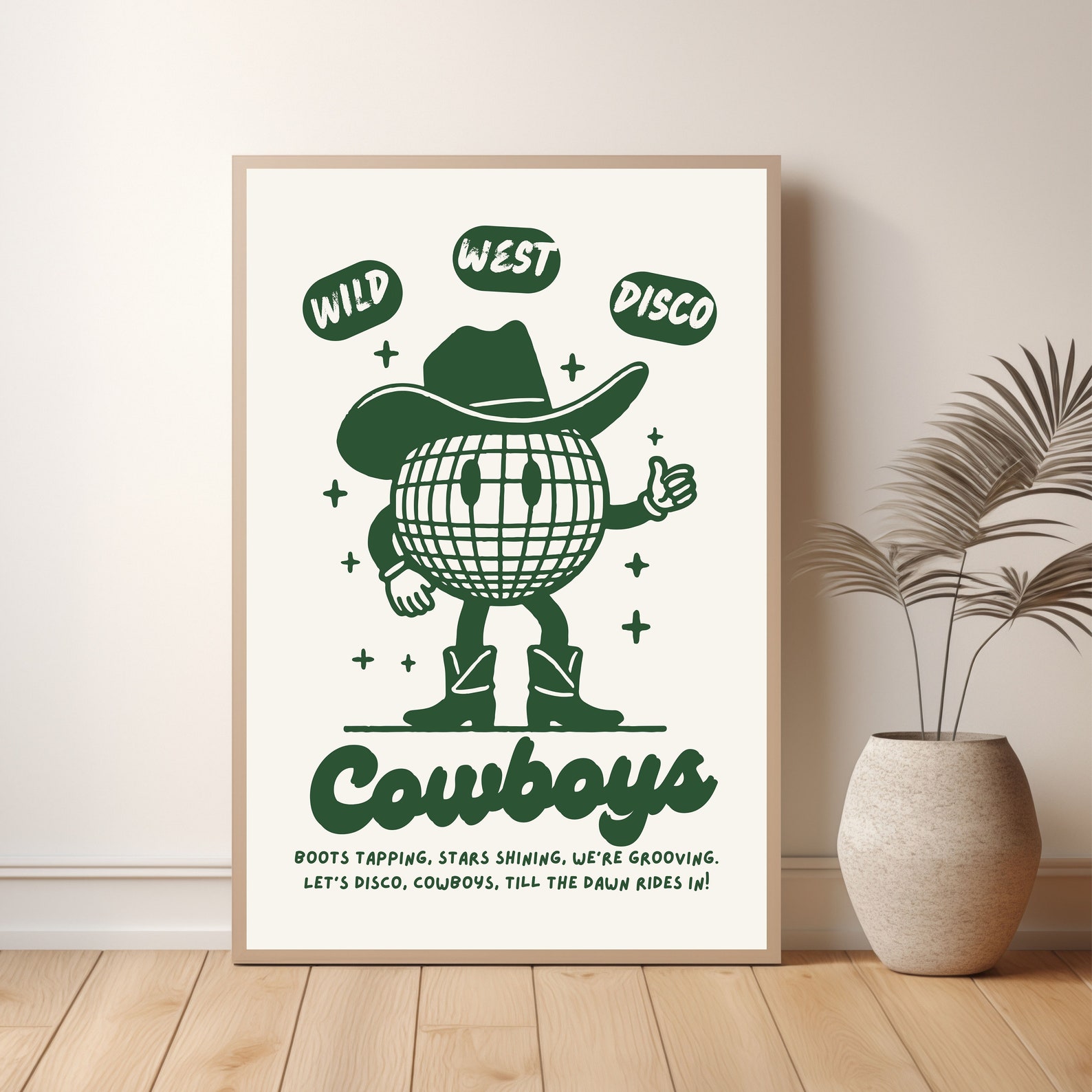 Cowboy Disco Ball Print, Western Art Print, Green Beige Retro Aesthetic ...
