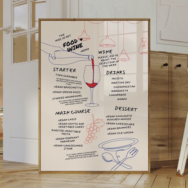 Large Size Hand Drawn Food Drink Print, Wine Food Kitchen Decor, Modern ...