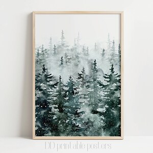 Winter Forest Print, Snowy Winter Trees Print, Green Landscape Print ...