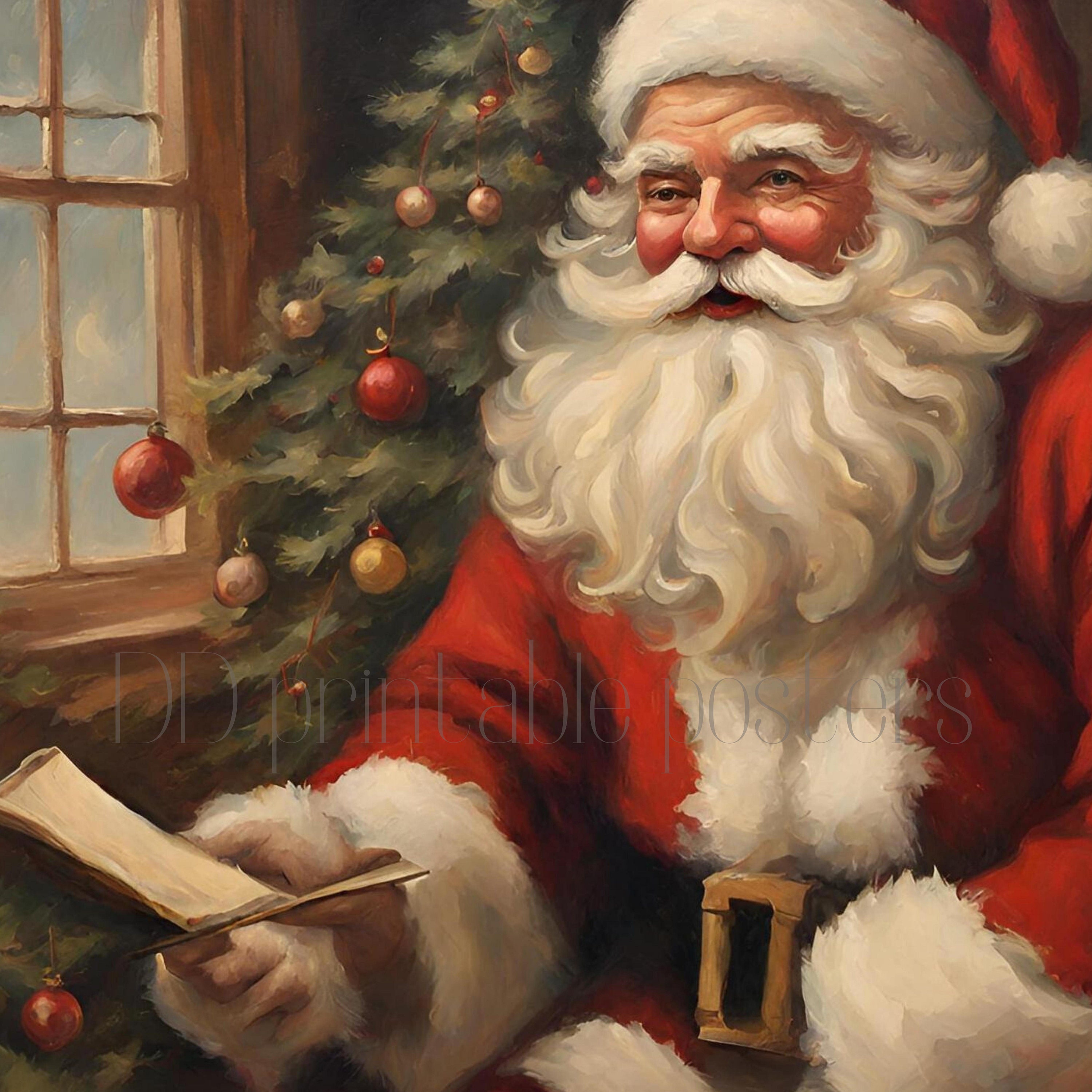 Vintage Santa Print, Santa Reading Book Printable, Vintage Christmas ...