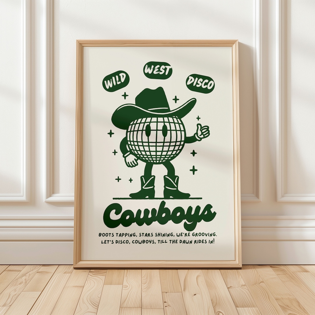 Cowboy Disco Ball Print, Western Art Print, Green Beige Retro Aesthetic ...