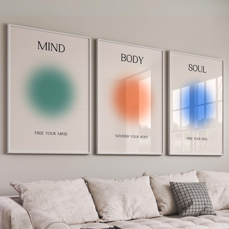 Mind Body Soul Print Set: Grainy Gradient Spiritual Art Digital ...