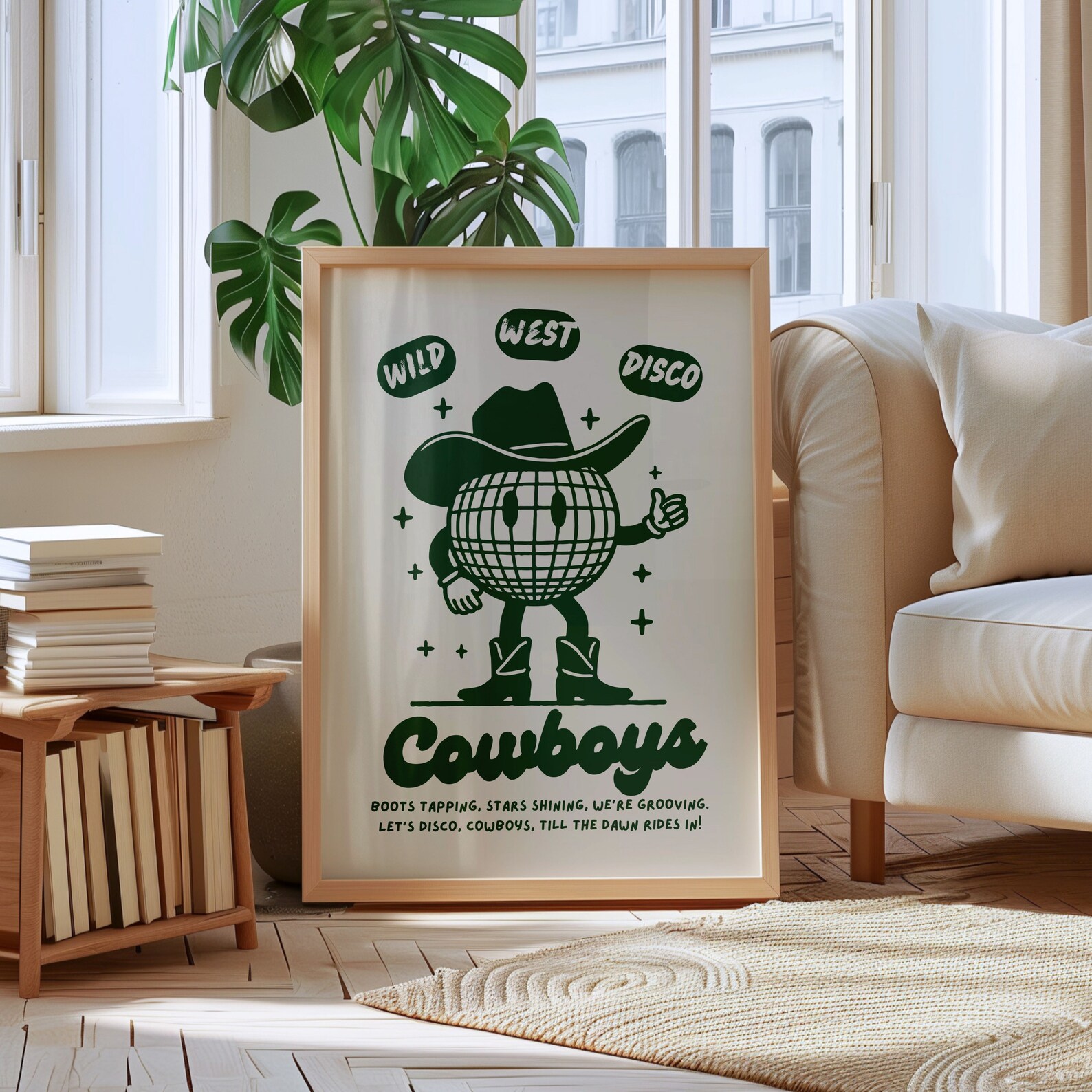 Cowboy Disco Ball Print, Western Art Print, Green Beige Retro Aesthetic ...
