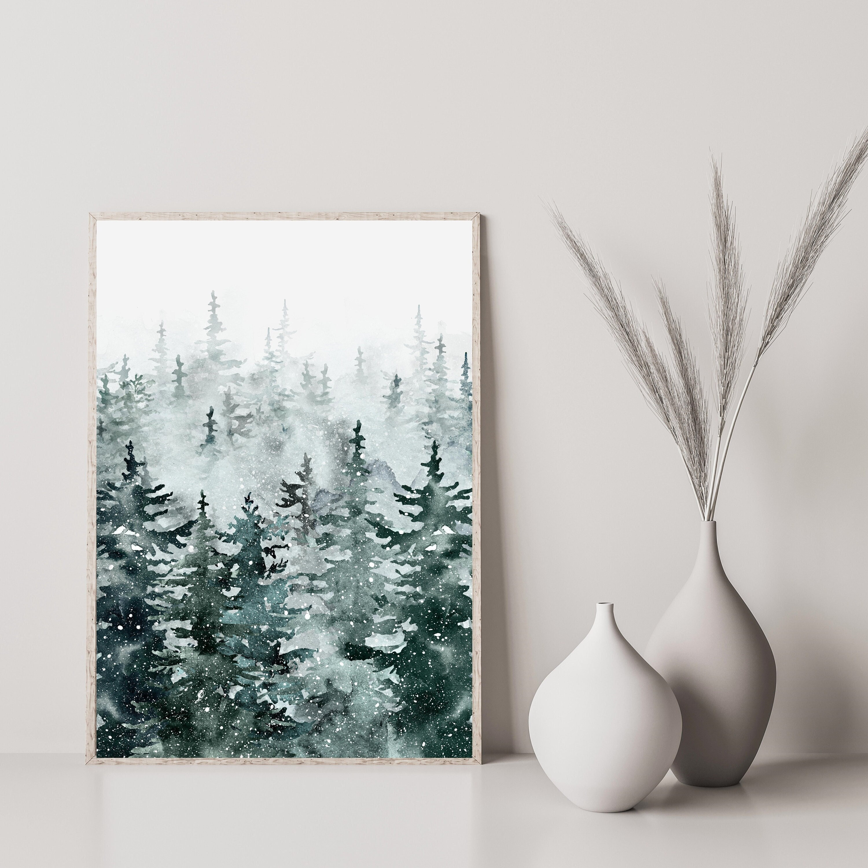 Winter Forest Print, Snowy Winter Trees Print, Green Landscape Print ...