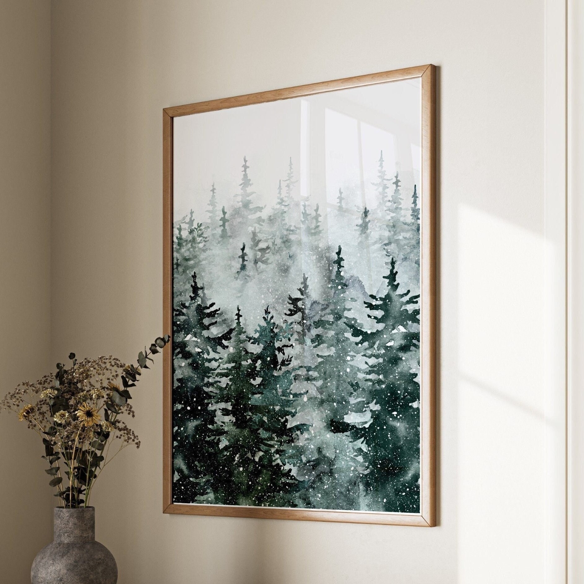 Winter Forest Print, Snowy Winter Trees Print, Green Landscape Print ...