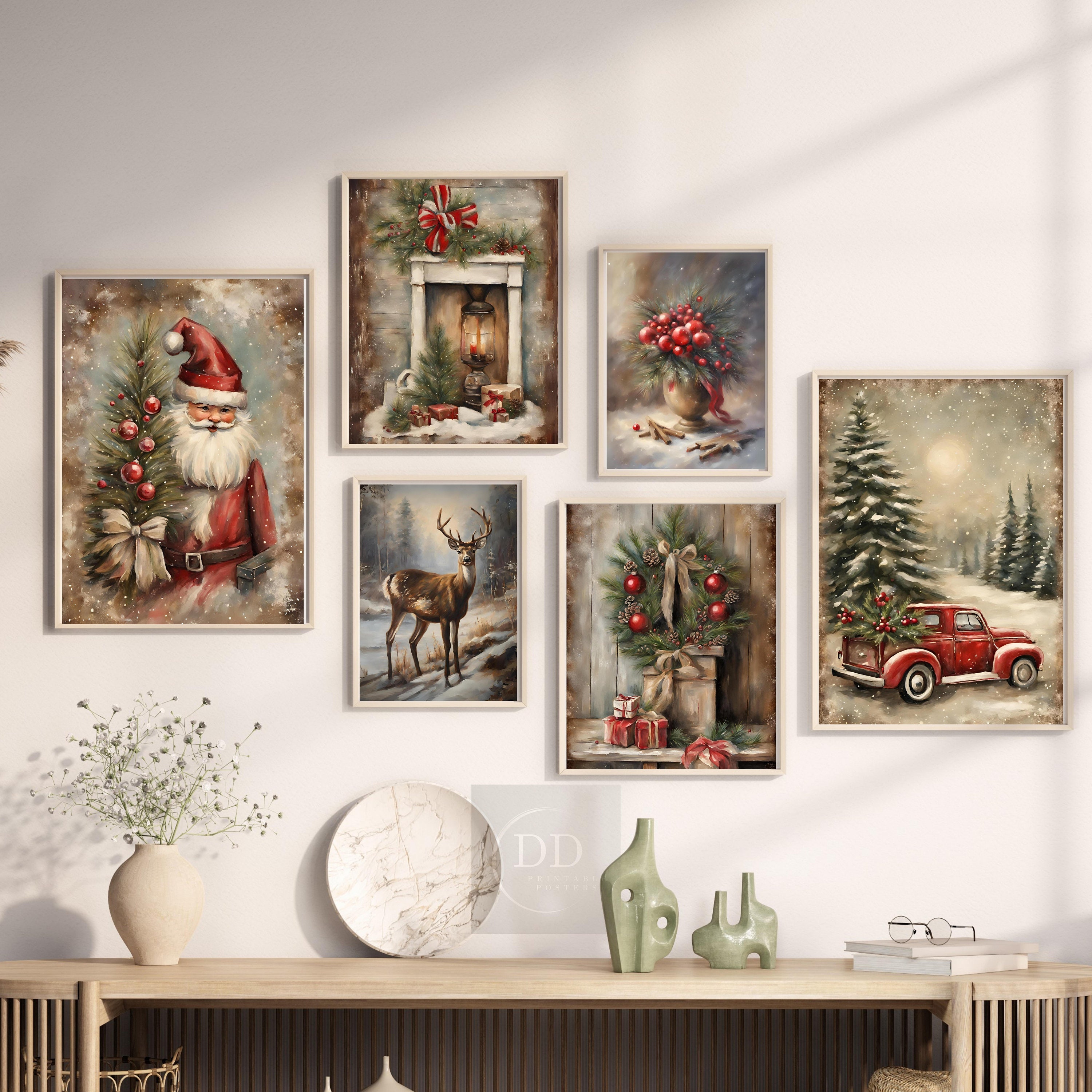 Printable Vintage Christmas Prints, Set of 6 Winter Wall Art, Santa ...