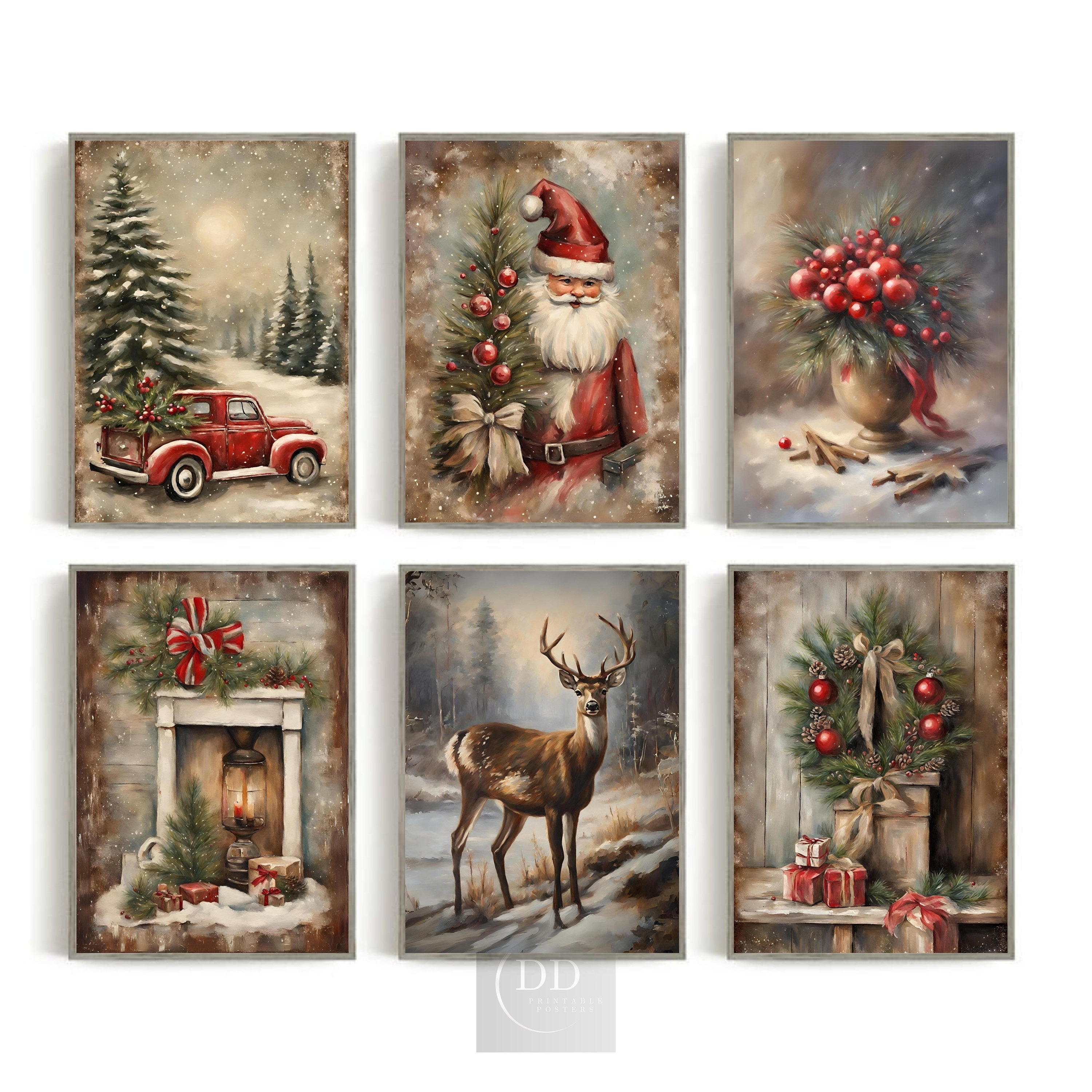 Printable Vintage Christmas Prints, Set of 6 Winter Wall Art, Santa ...