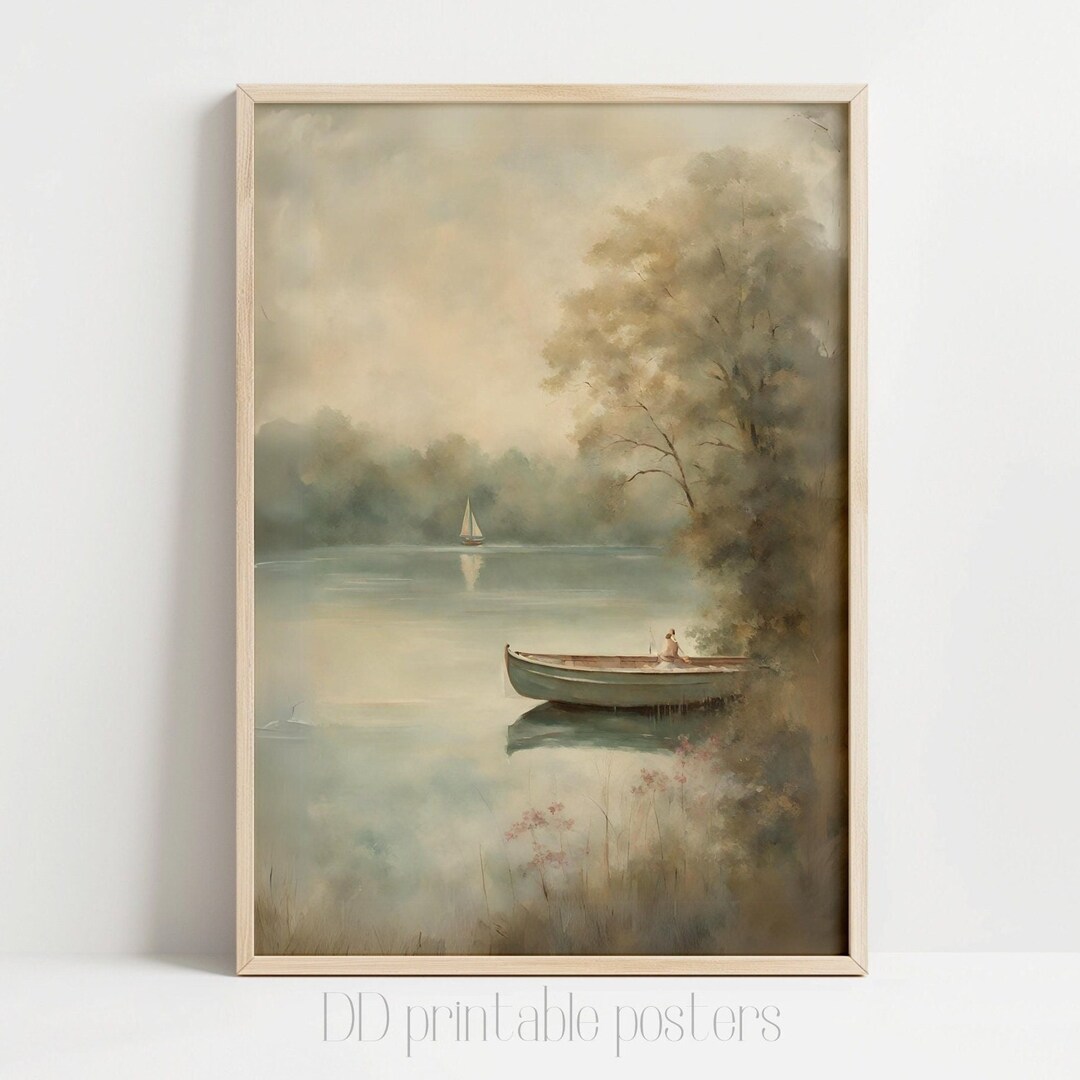 Vintage Landscape Wall Art, Riverside Painting, Muted Green Landscape ...