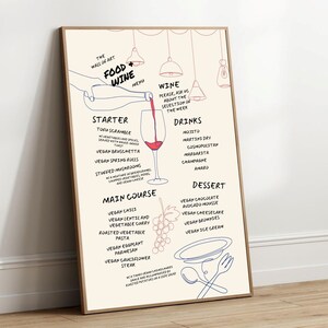 Large Size Hand Drawn Food Drink Print, Wine Food Kitchen Decor, Modern ...