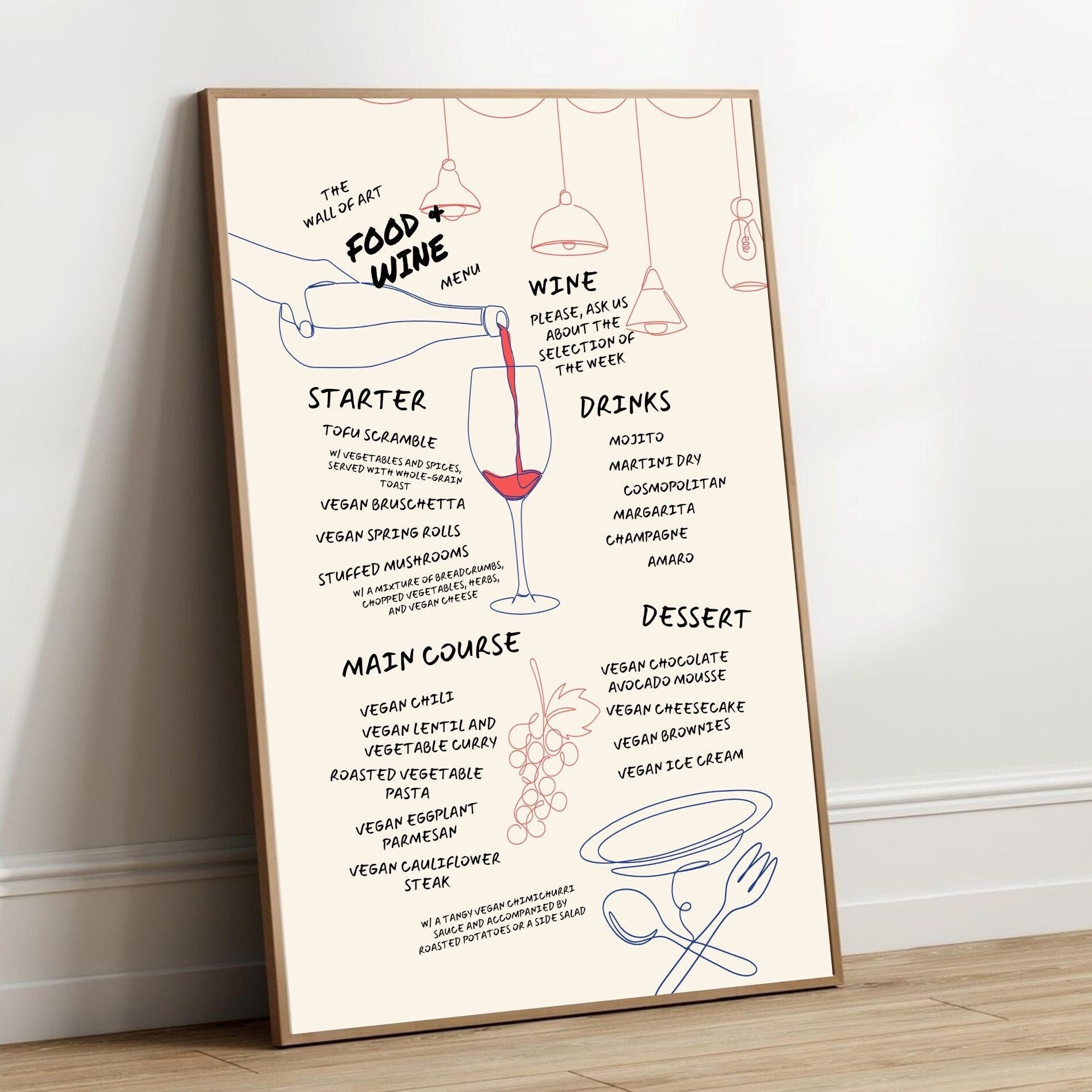 Large Size Hand Drawn Food Drink Print, Wine Food Kitchen Decor, Modern ...