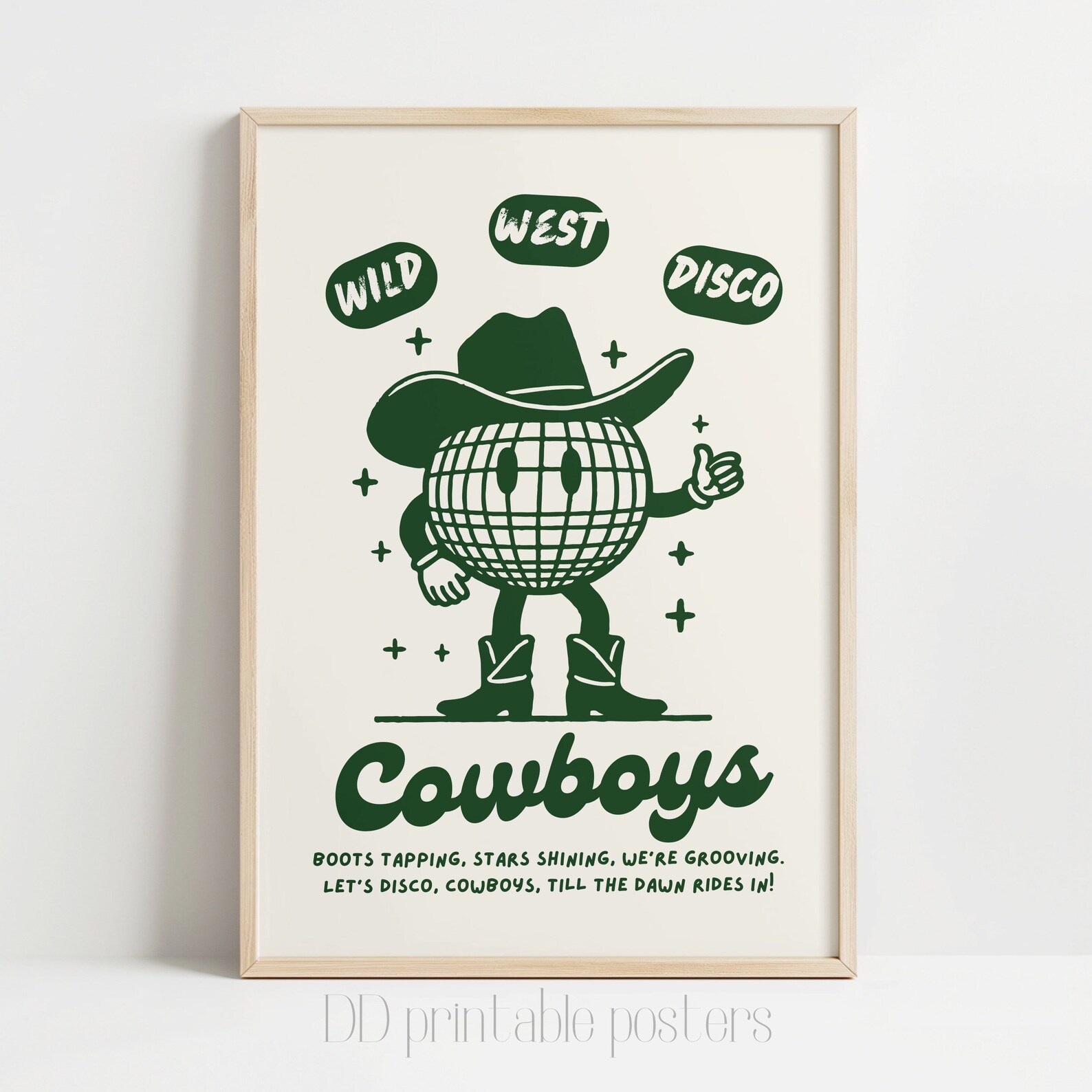 Cowboy Disco Ball Print, Western Art Print, Green Beige Retro Aesthetic ...