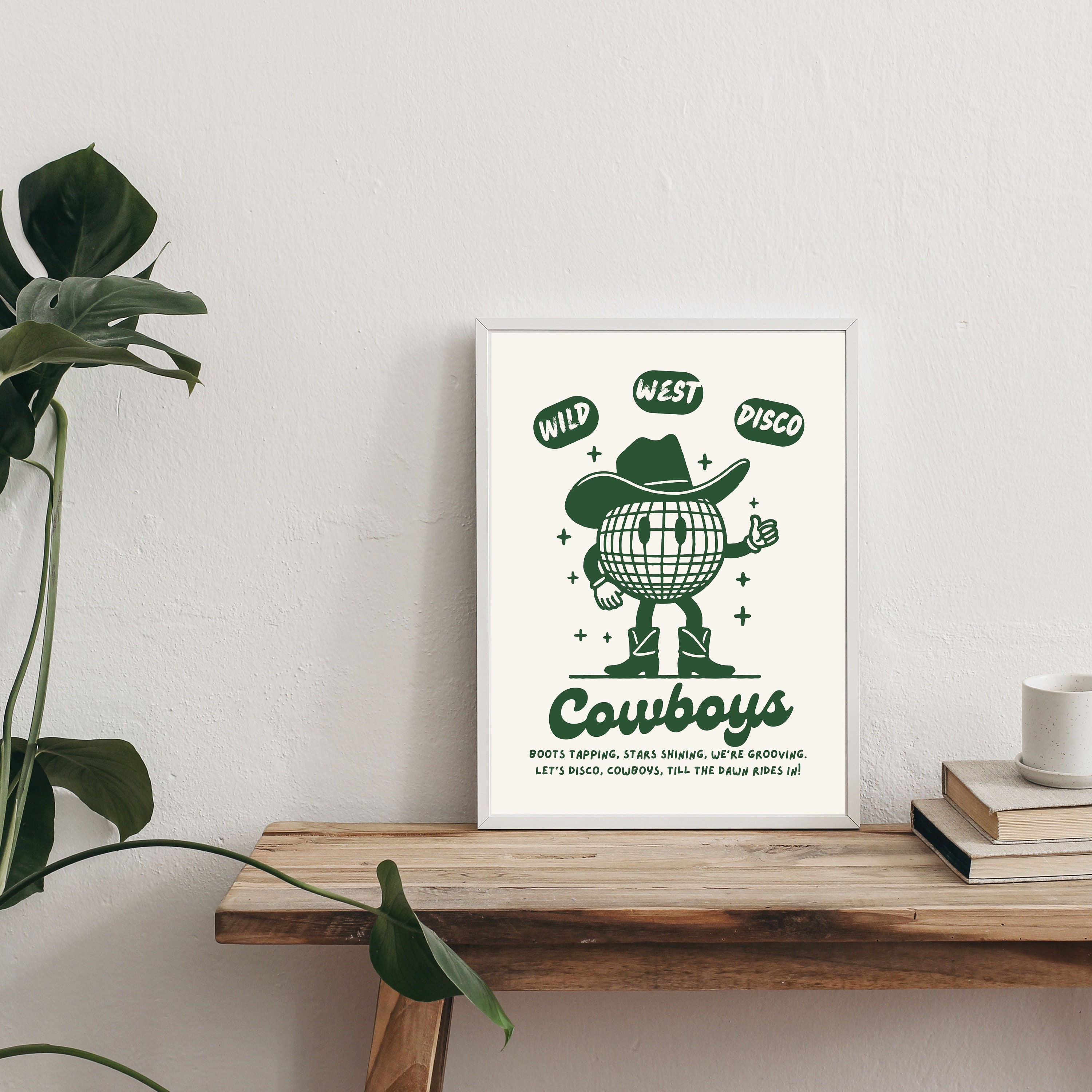 Cowboy Disco Ball Print, Western Art Print, Green Beige Retro Aesthetic ...