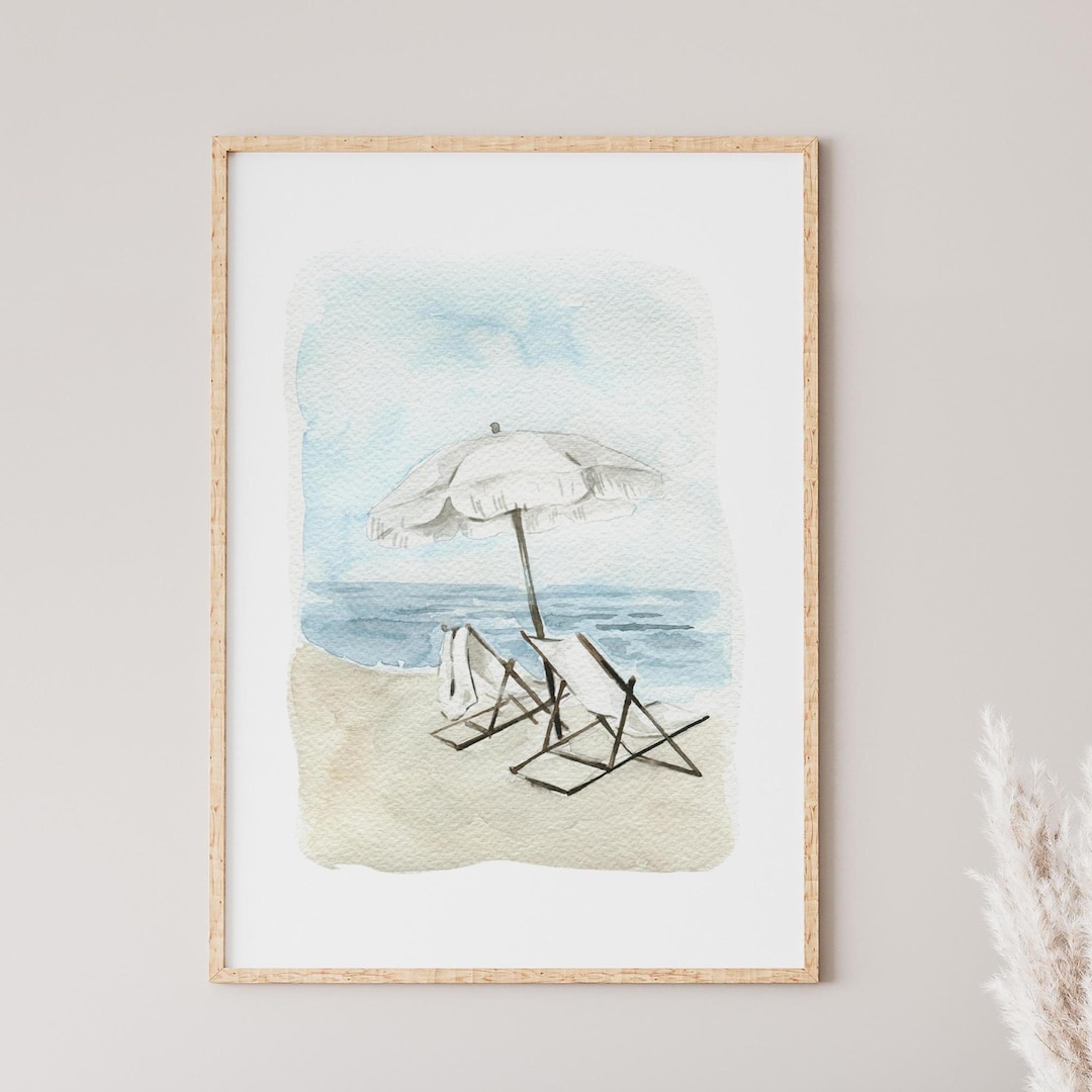 Sea Landscape Watercolor Print, Beach Painting, Beach Lounger Print ...