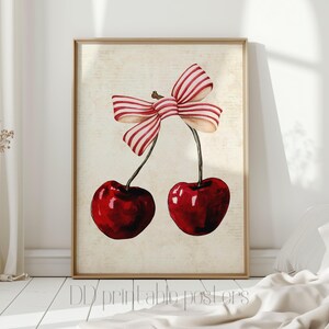 Cherry Wall Art Print, Coquette Red Bow, Printable Feminine Poster ...