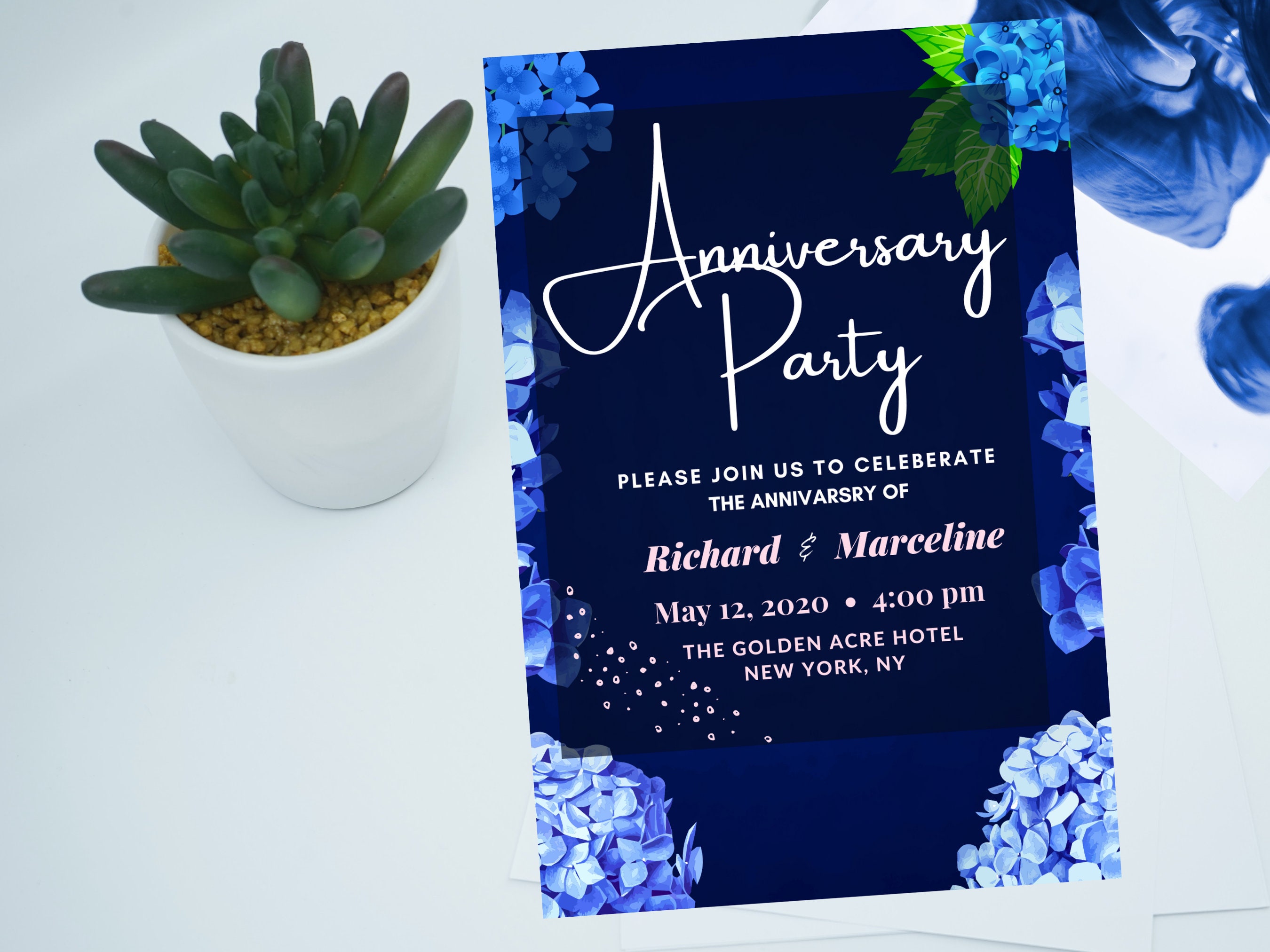 Navy Blue Anniversary Invitation Blue Hydrangeas Anniversary Invitation ...
