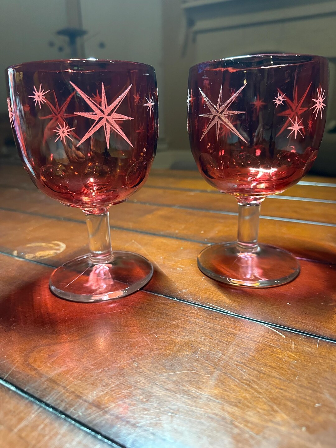 2 Bartlett Collins Etched Atomic Starburst Cranberry Red Thumbprint ...