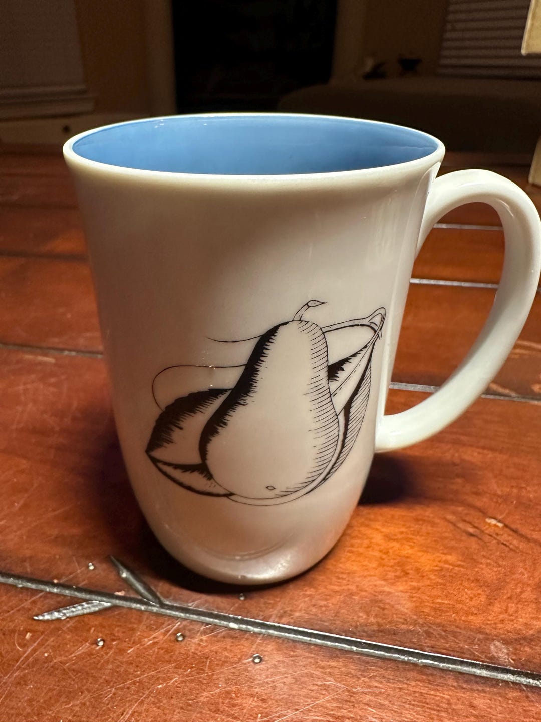 Delicate Neiman Marcus Porcelain White Mug Black Pear Design Blue ...