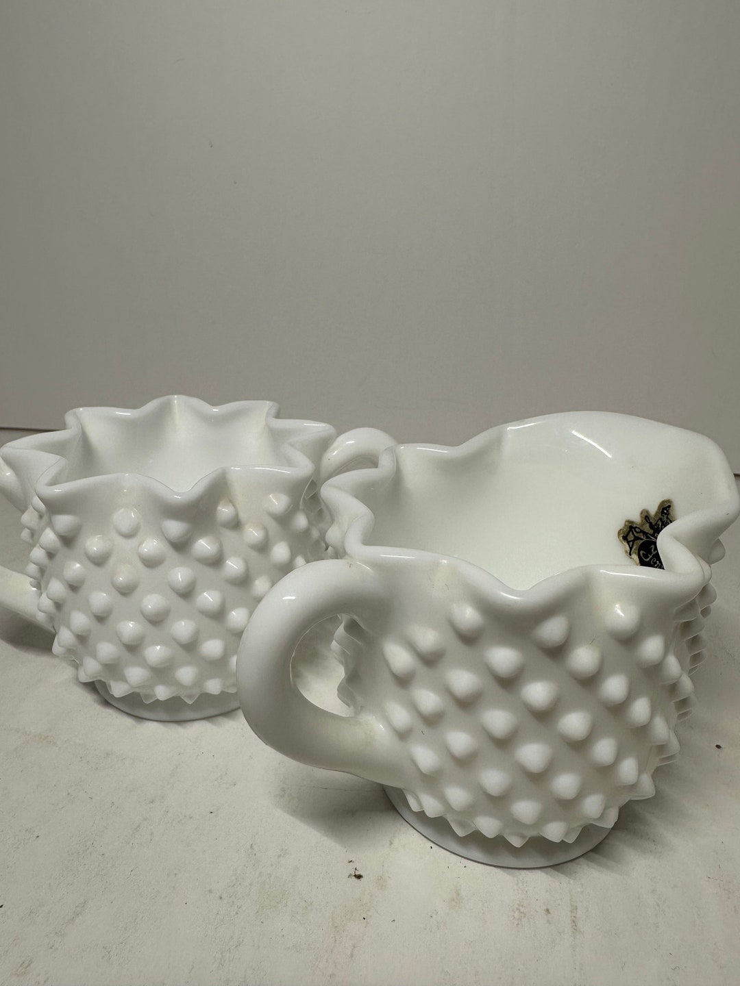 Vintage Fenton White Milk Glass Creamer and Sugar Bowl Hobnail Pattern ...