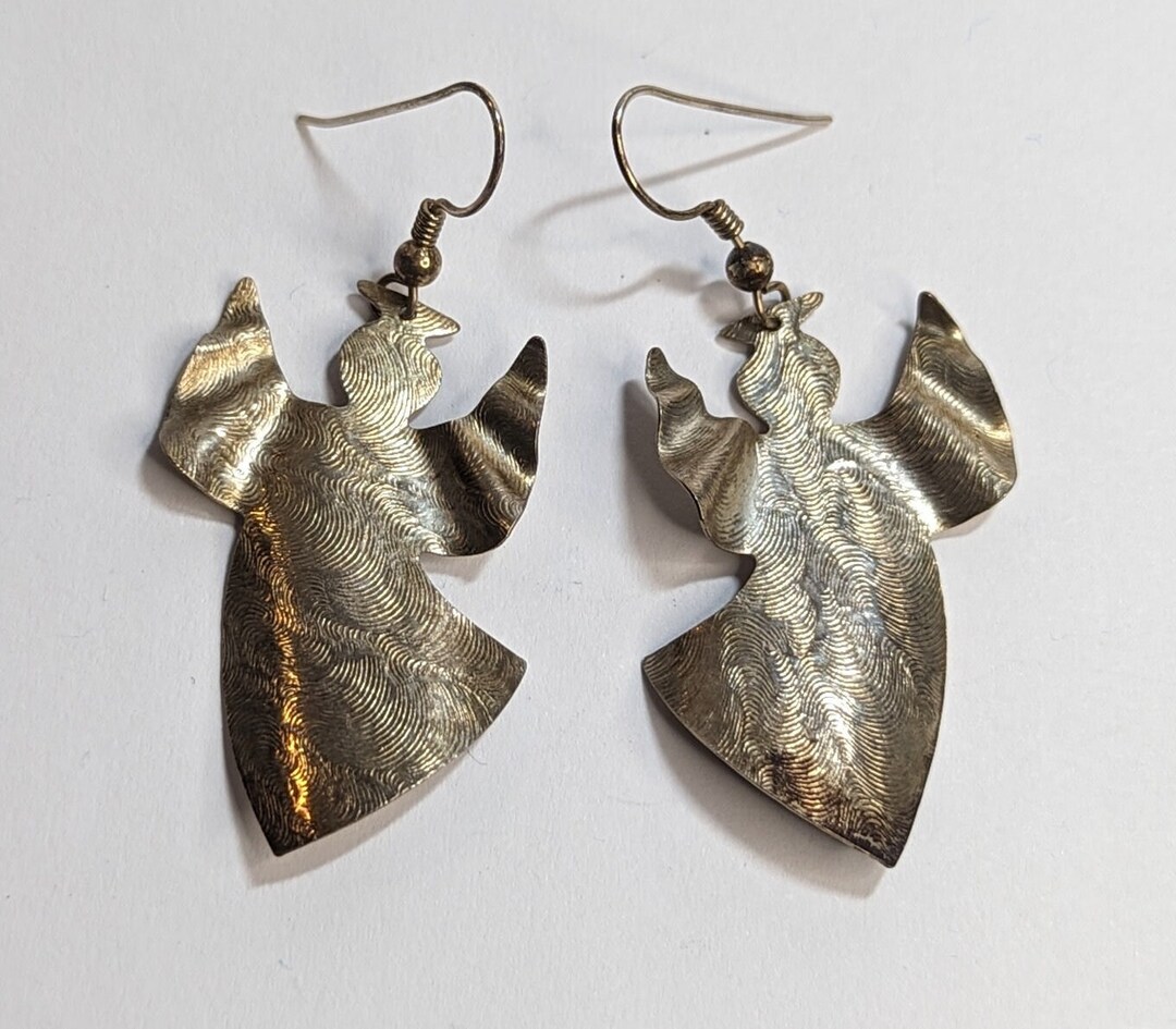 Vintage Silver Tone Embossed Metal Angel Earrings Cut Out Curved Thin ...