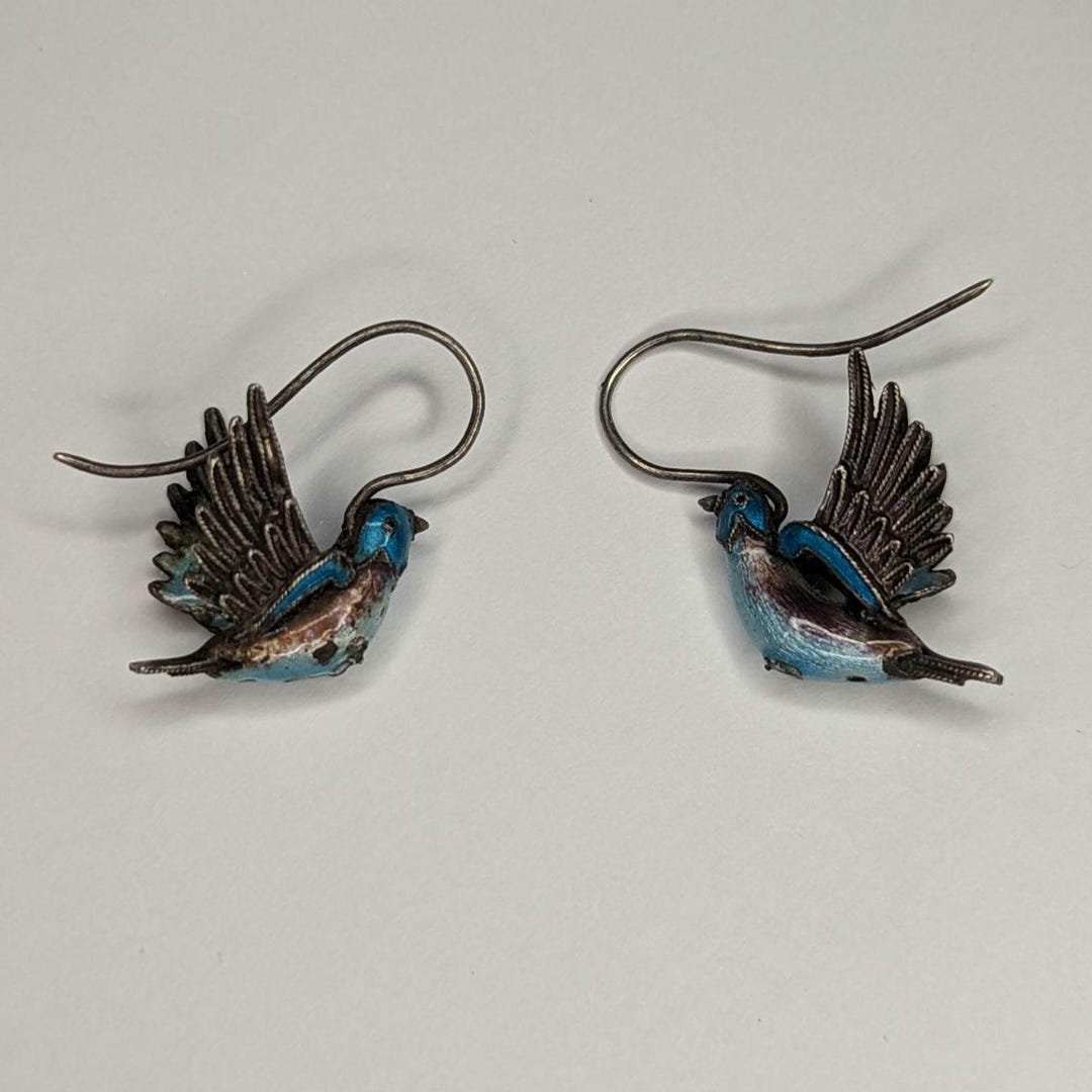 Vintage Cloisonne Blue Bird Hollow Body Solid Hook Drop Earrings ...