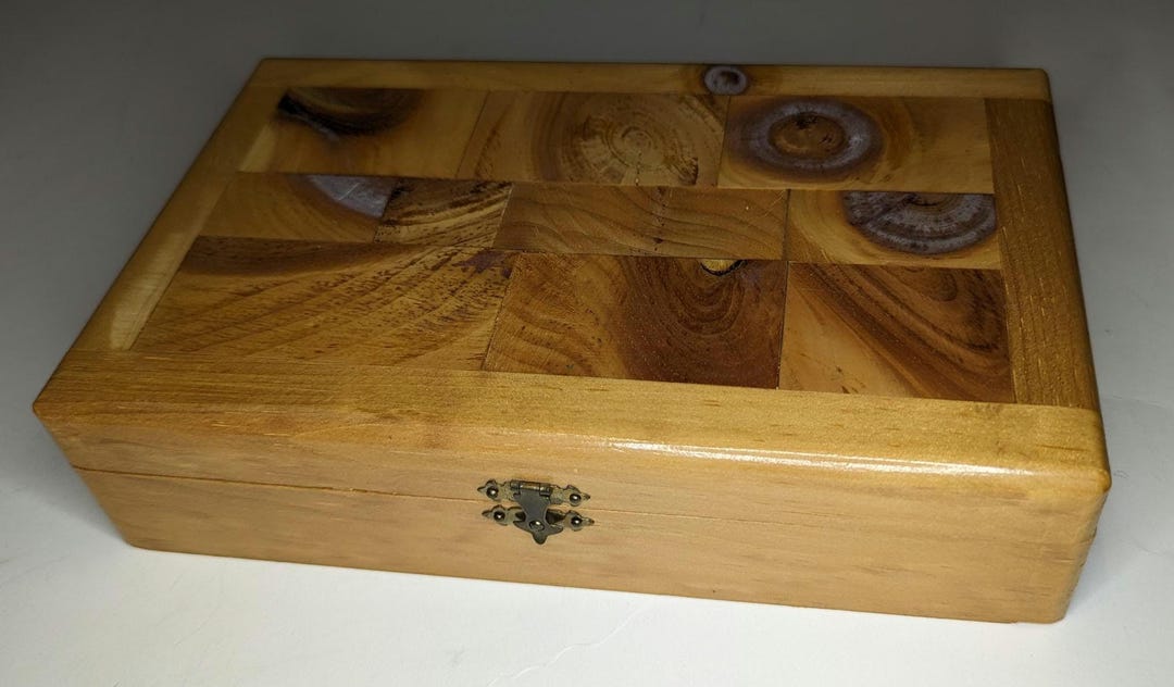 Vintage Gridded Wooden Tile Mosaic Lid With Chain Jewelry Trinket Box ...