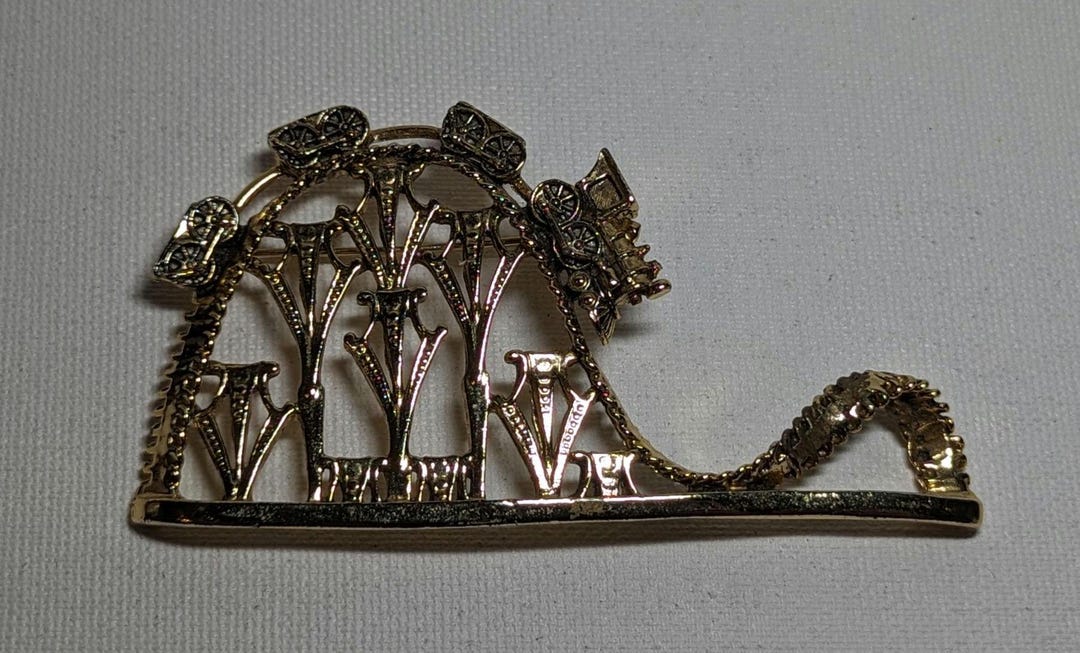 Golden Vintage Roller Coaster Train Track Bridge Large Brooch Pin Art ...