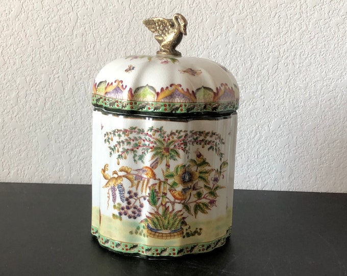 Vintage Chinoiserie Style Porcelain Canister With Palm Tree, Birds, and ...