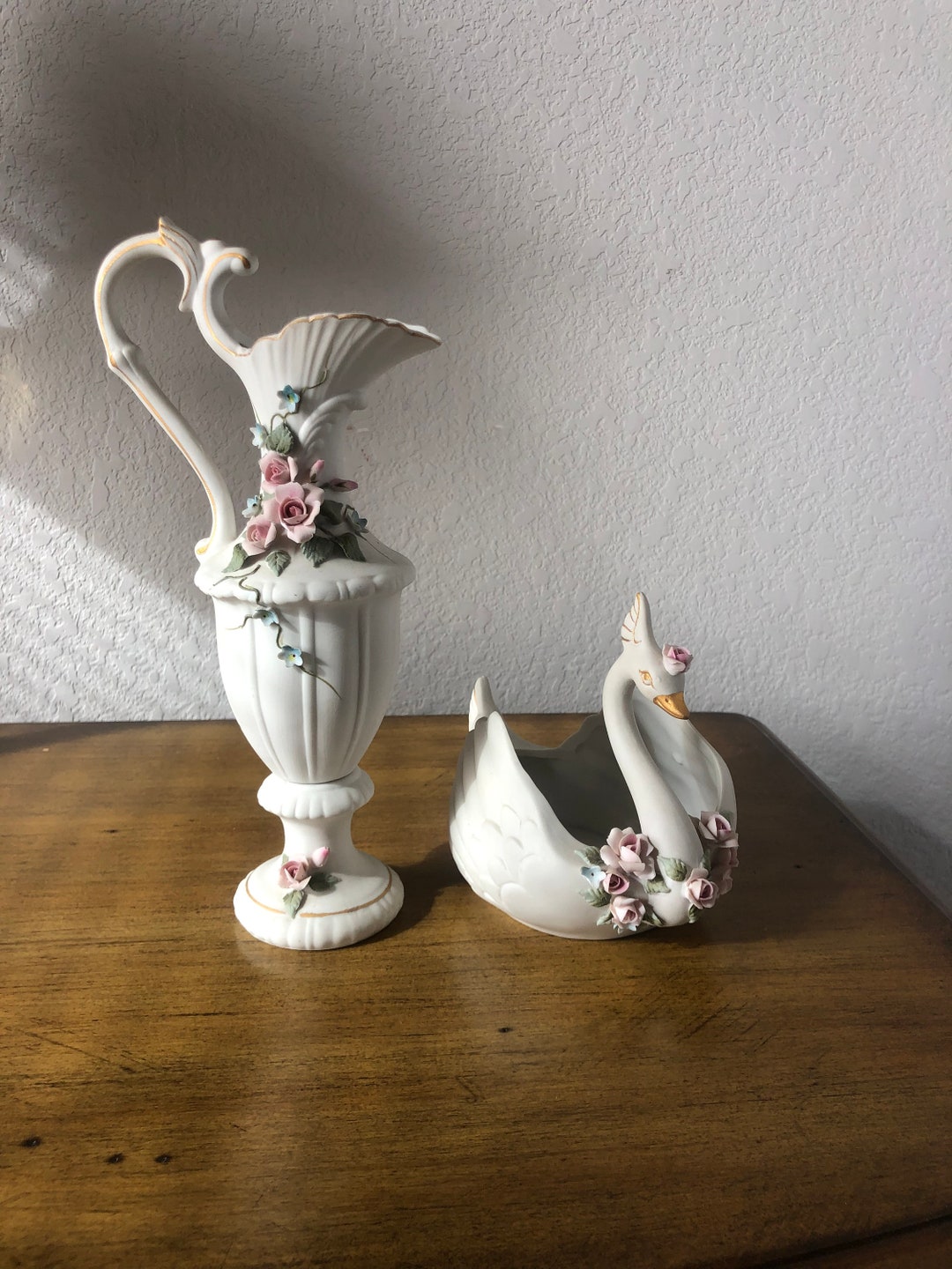Unique Porcelain Pitcher Raised Flowers Gold Trim Matching Dainty Swan ...