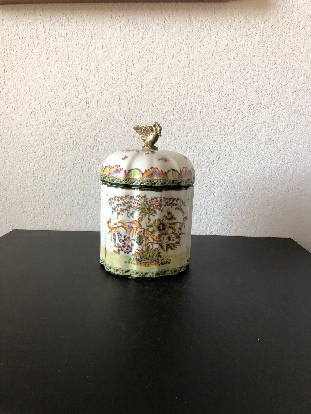 Vintage Chinoiserie Style Porcelain Canister With Palm Tree, Birds, and ...