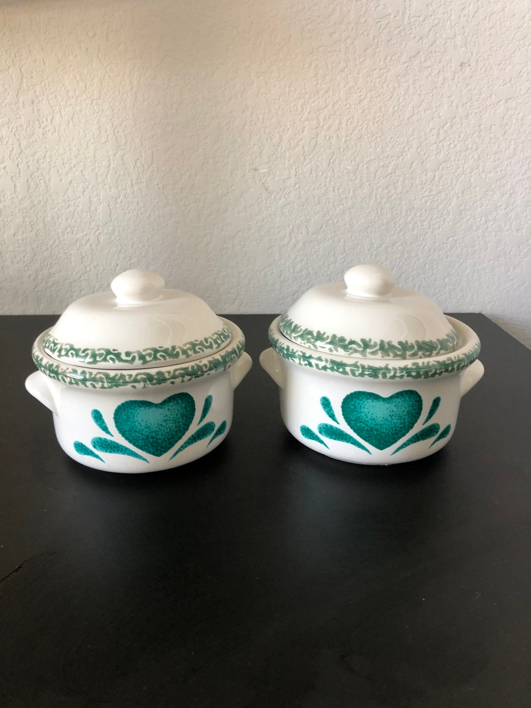 Vintage Stoneware Green Heart Design Covered Soup Crock Green Sponge ...