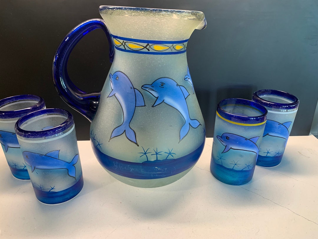 Large Dolphin Hand Blown Water Pitcher and Tumblers, Dolphin Design ...