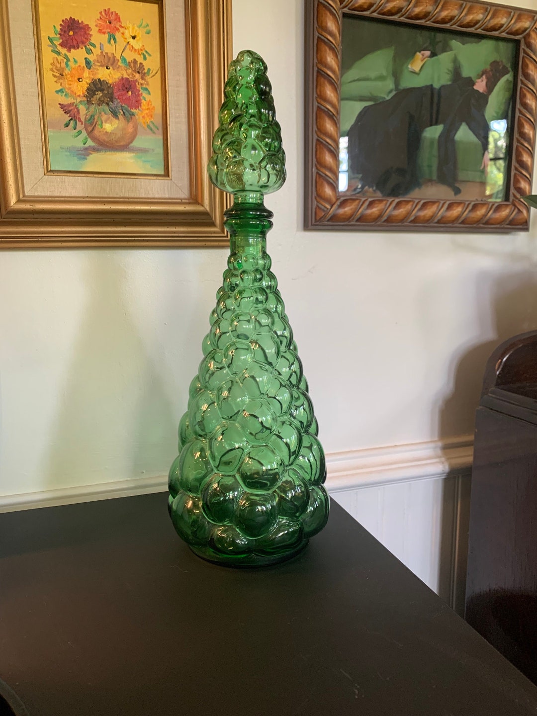 Large Italian Empoli Green Bubble Genie Bottle, Amber Genie Bottle ...