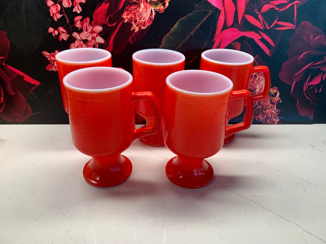5 Red Milk Glass Pedestal Coffee Mugs, Anchor Hocking Milk Glass Coffee ...