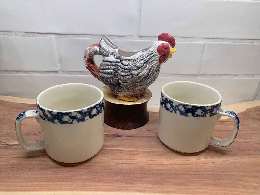 Chicken Lover Gift Set - Two Blue and White Spongeware Coffee Mugs and ...