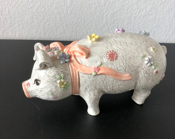 Cottagecore Large Ceramic Flower Adorned Pig With Pink Ribbon - Etsy