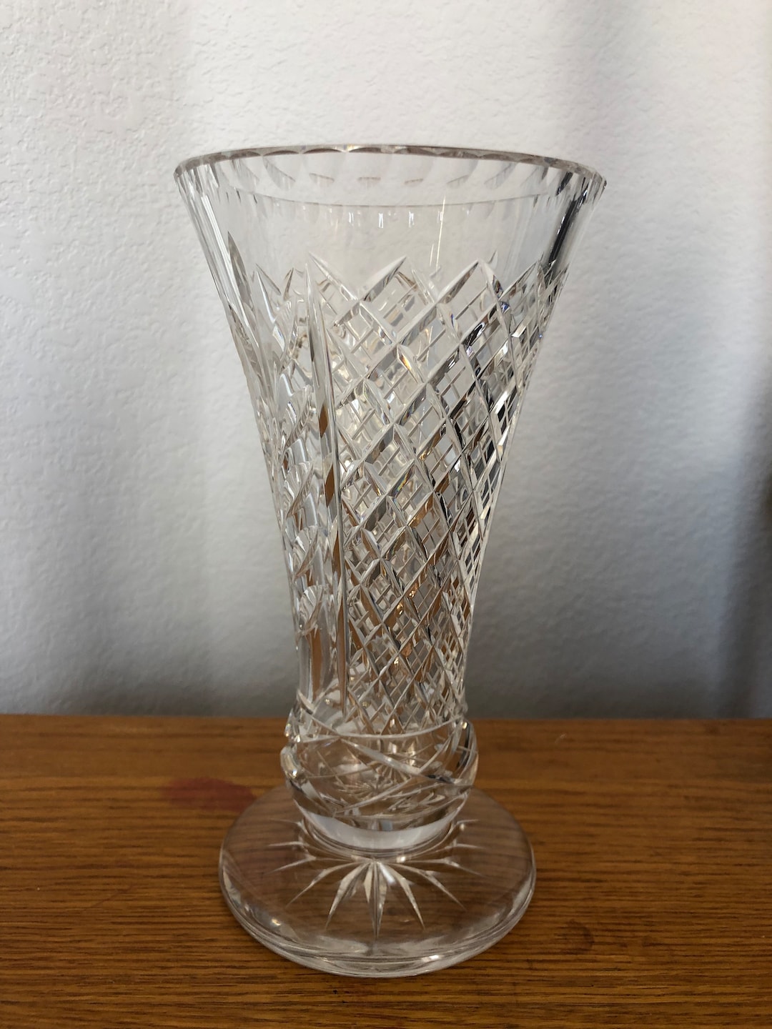 Tall Lead Crystal Vase Etched Diamonds on the Side Etched Flowers and ...