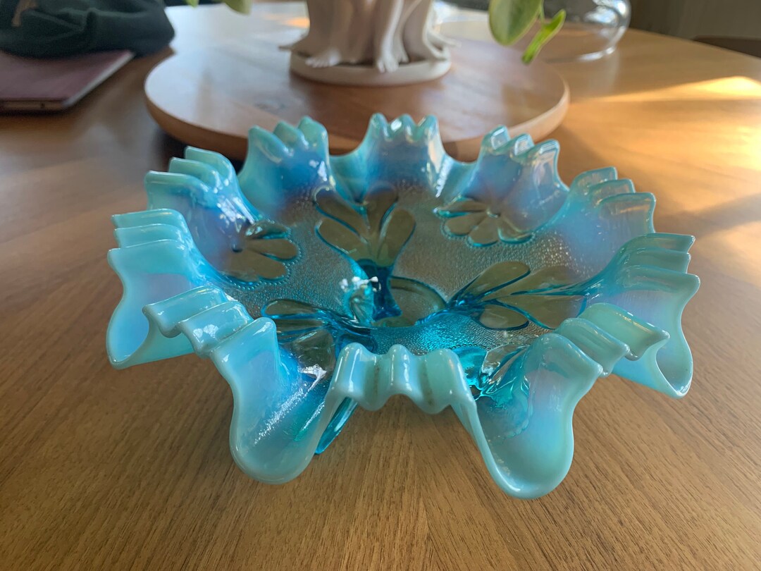 Antique Dugan Glass Daisy and Plume Blue Opalescent Crimped Candy Dish ...