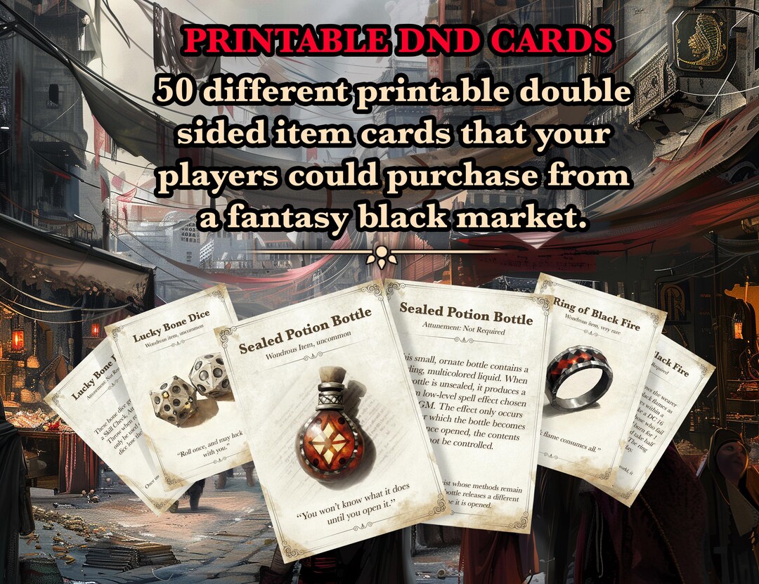 Printable DND Item Cards - 50 Fantasy Black Market Items - Double-sided ...