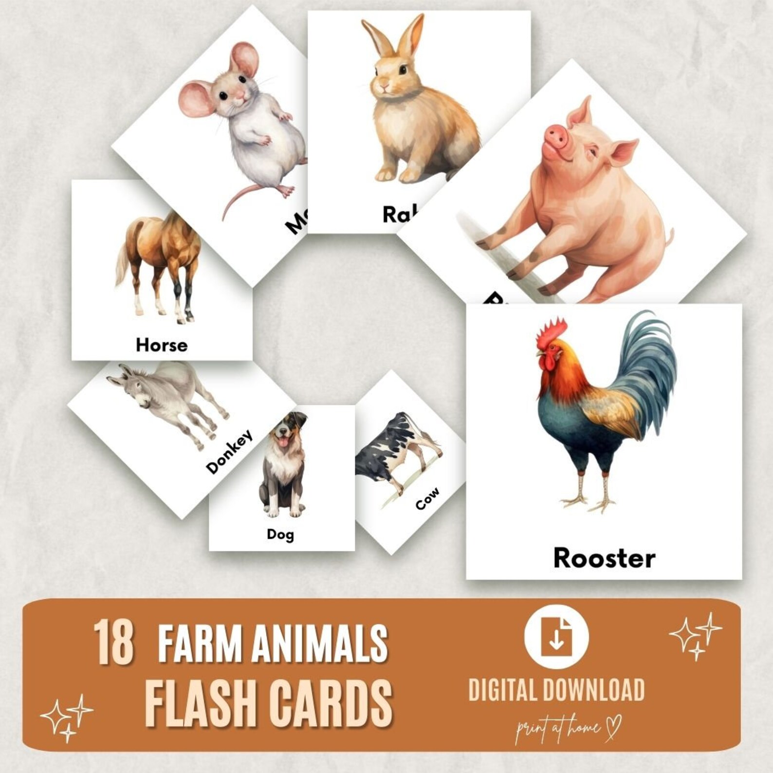 18 Farm Animals Cards, Montessori Flash Cards, Preschool Flashcards ...