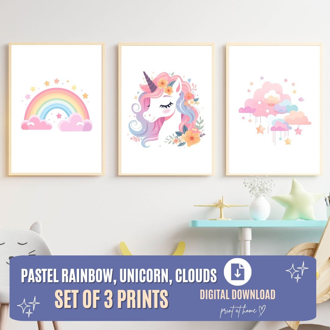Pastel Rainbow Unicorn Clouds Set of 3 Print, Nursery Wall Art ...