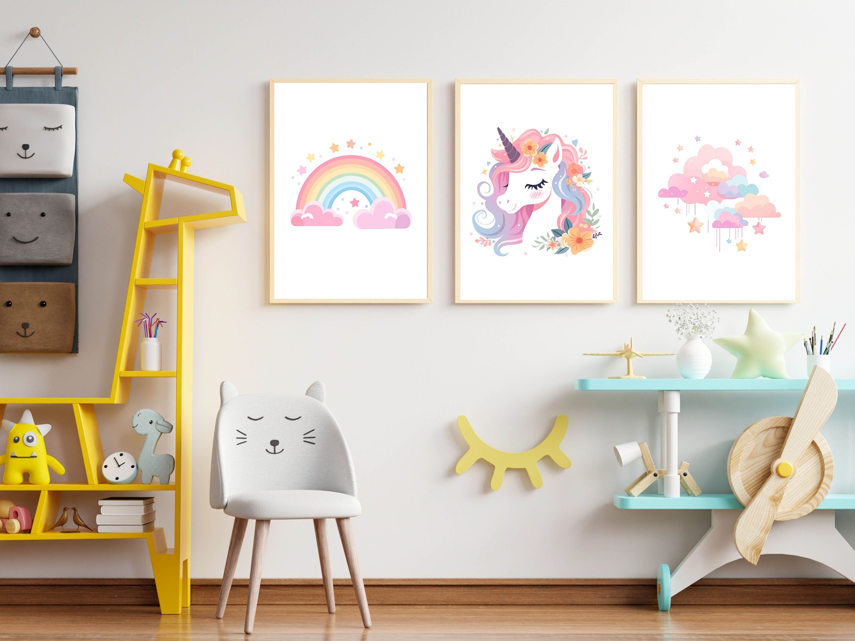 Pastel Rainbow Unicorn Clouds Set of 3 Print, Nursery Wall Art ...