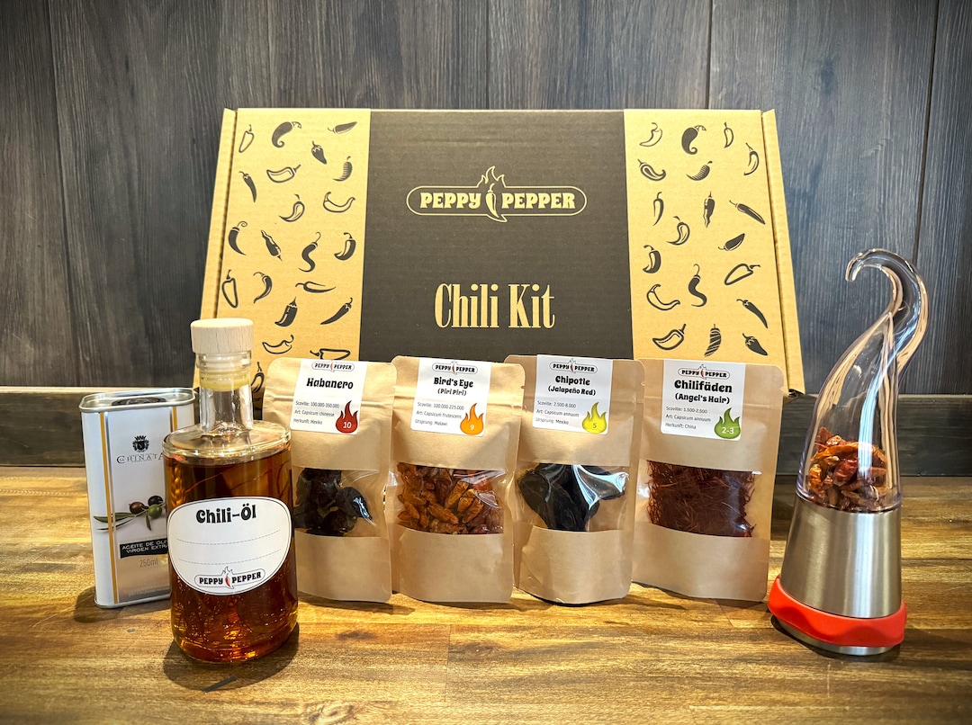Chili Geschenkset PREMIUM Edition - mit Edelstahl-Designer Chilimühle ...