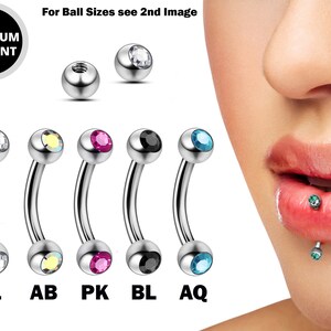 Titanium Vertical Labret Stud Lip Piercings With Gem Ball Crystal 18g 16g 14g Curved Bar Also ...