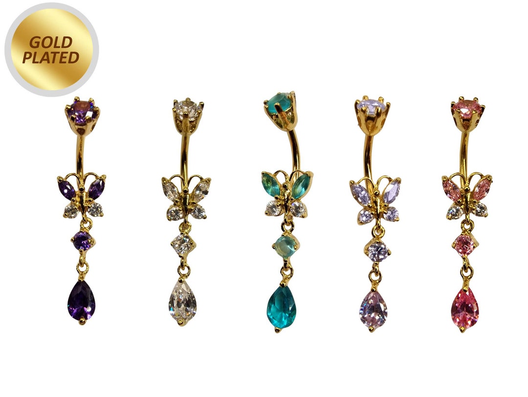 Gold Plated Butterfly Belly Ring, Silver Drop Dangle Belly Bars With CZ ...